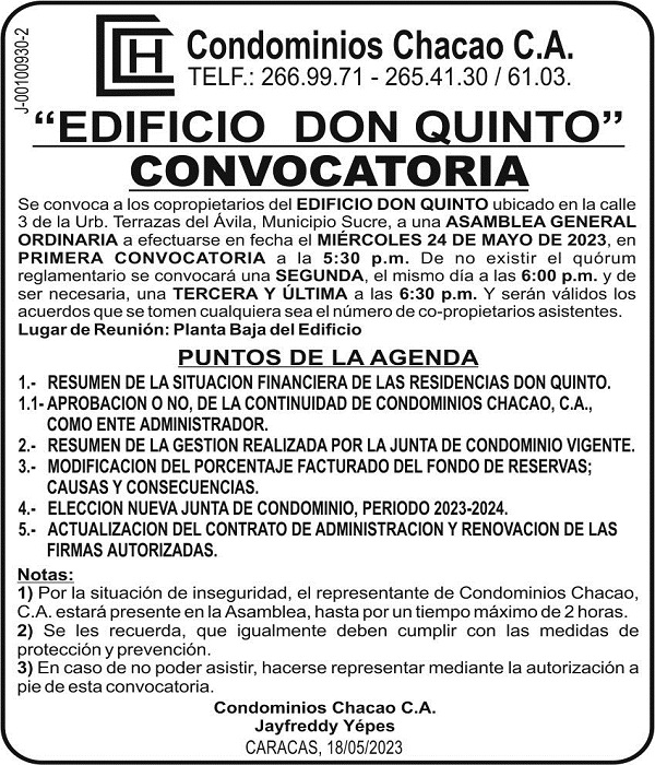 CONVOCATORIA EDIFICIO DON QUINTO